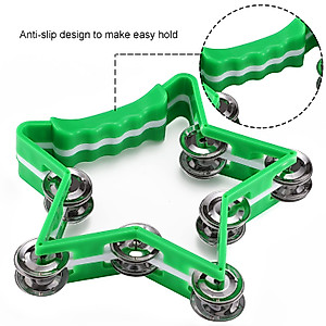 Facnogu 1 Pair Pentagram Handheld Tambourine Handbell Timbrel, Double Row Musical Percussion Instrument with 28 Nickel Steel Jingles - Green