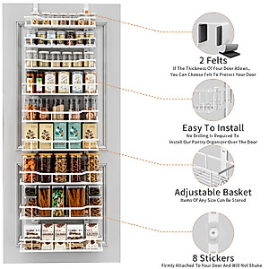 MSERCUOR Over The Door Pantry Organizer Rack, 9-Tier Metal Pantry Organization And Storage with Adjustable Baskets, Hanging Spice Rack for Home & Kitchen Laundry Room Bathroom (9 Tier White)