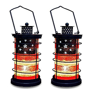 Linfevisi Rustic Metal Lantern Candle Holder with American Flag Pattern Vintage Farmhouse Hanging Glass Candle Lantern American Patriotic Ornament Table Centerpiece for Home Indoor Outdoor (2 Pack)
