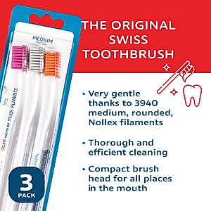 TELLO 3940 Adult Medium Swiss Toothbrush for Gentle Cleaning with Ergonomic Handle, 3 Count