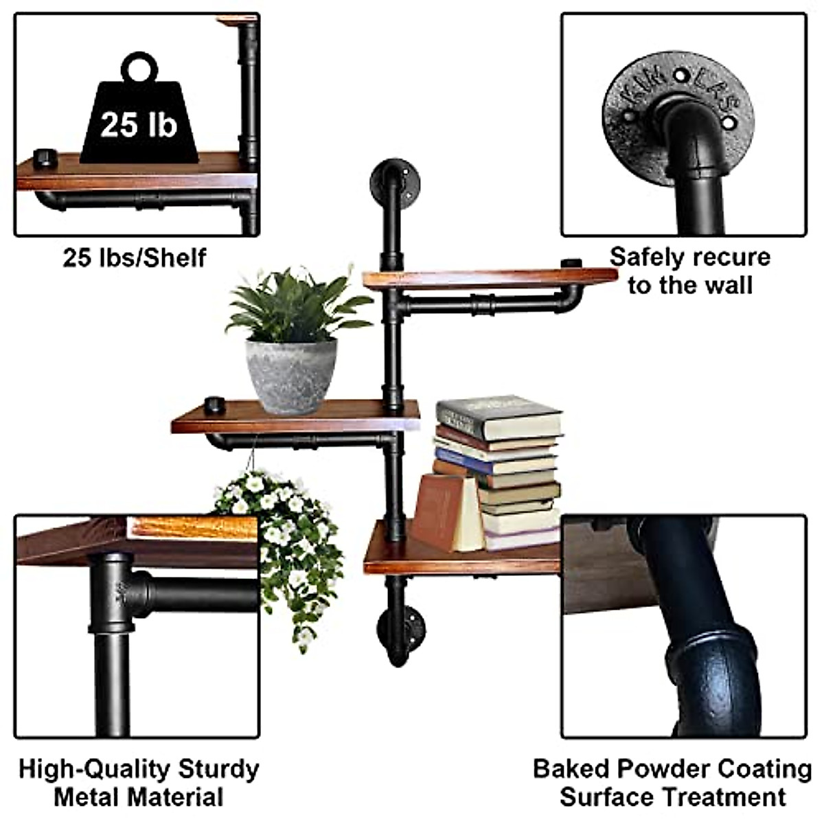 FORIVE Industrial Pipe Shelving, Metal Pipe Wall Floating Shelves with Solid Wood Planks, 3 Layer Steampunk Hanging Bookshelf for Bathroom Bedroom Office Living Room Kitchen Bar Decor