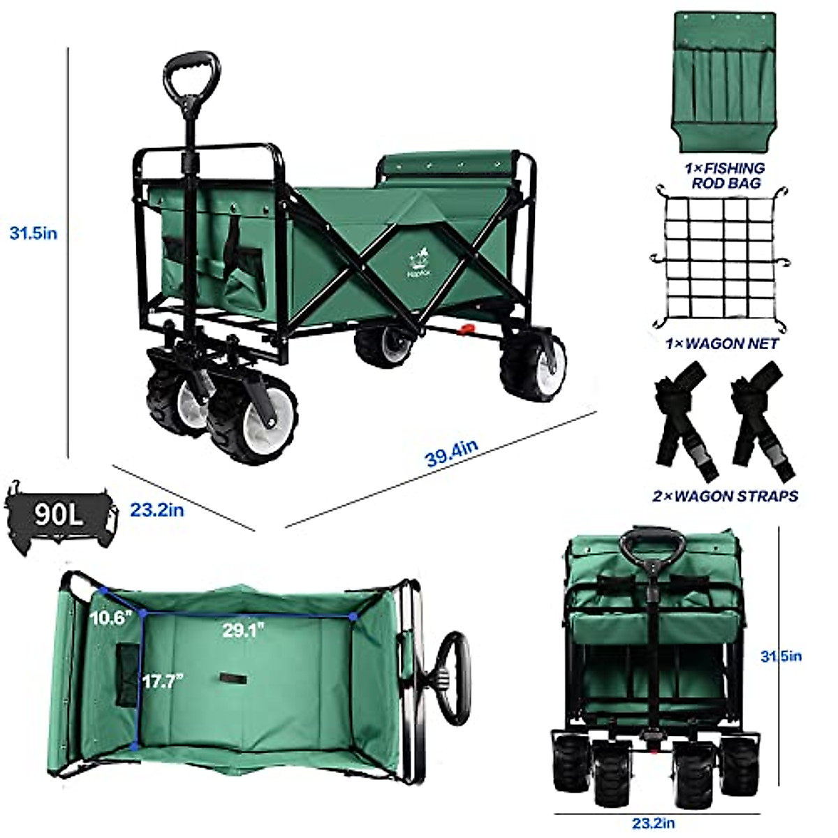 Collapsible Heavy Duty Beach Wagon Cart Outdoor Folding Utility Camping Garden Beach Cart with Universal Wheels Adjustable Handle Shopping (Green)