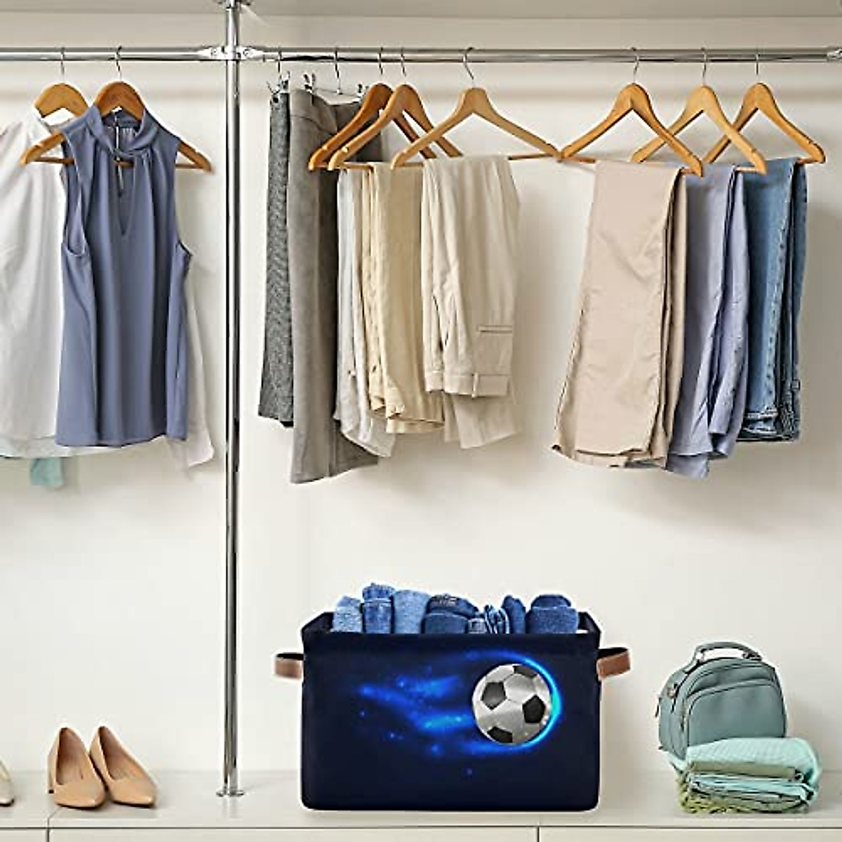 AUUXVA Sport Soccer Ball Storage Bins Basket, Football Theme Collapsible Storage Cube Rectangle Storage Box with Handles for Shelf Closet Nursery Bedroom Home Office 1 Pack