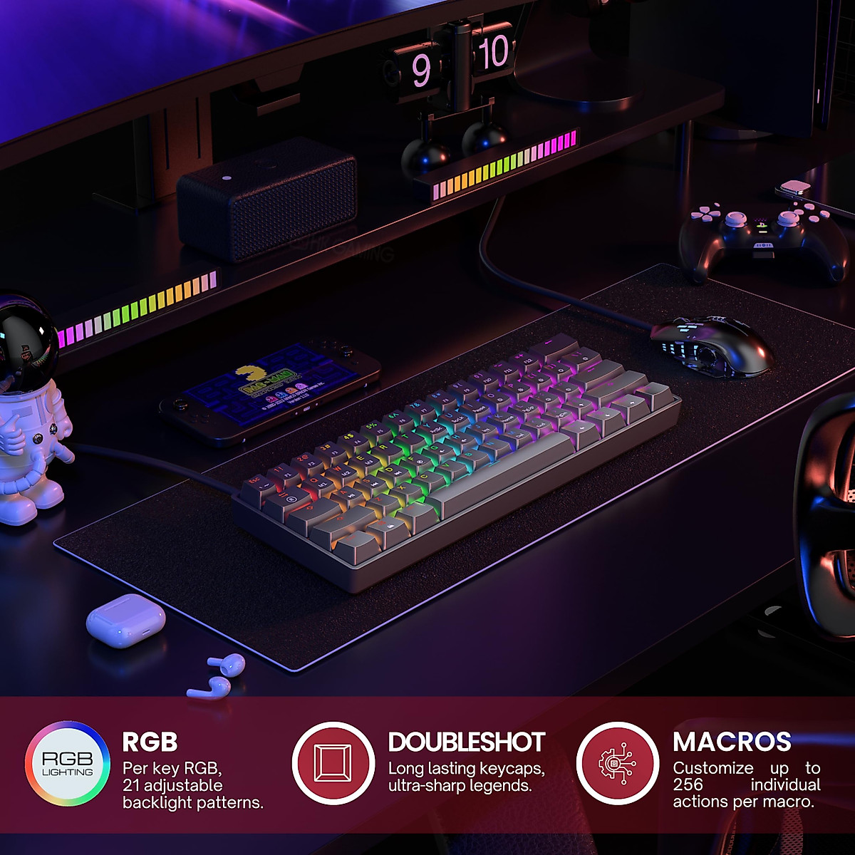 GK61 Mechanical Gaming Keyboard - 61 Keys Multi Color RGB Illuminated LED Backlit Wired Programmable for PC/Mac Gamer (Gateron Optical Yellow, Black)