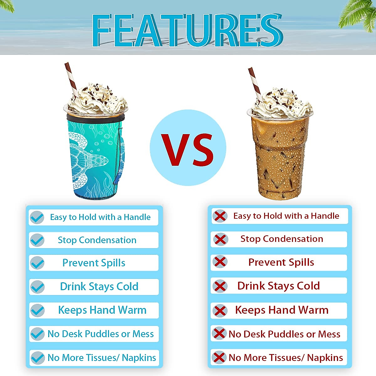 Reusable Iced Coffee Sleeves Sea Turtle Animals Neoprene Cup Sleeve with Handle Insulator Sleeve For Cold Drinks Beverages 30-32oz
