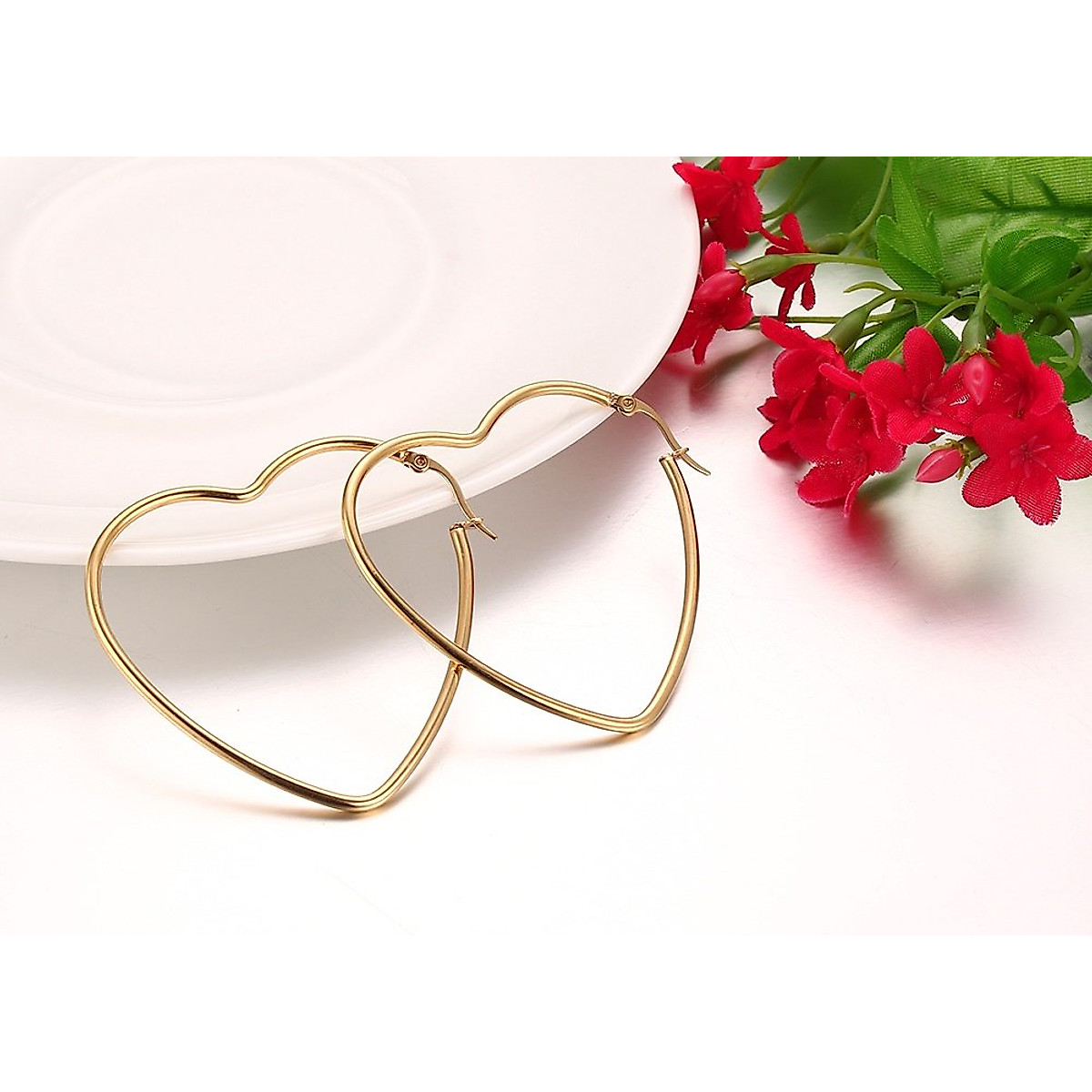 Women's Stainless Steel Gold Plated Heart Shape Hinged Large Hoop Earring,Anti-allergy