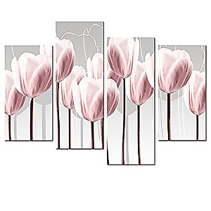 Floral Canvas Wall Art,Canvas Print Pink Tulips for Wall Decor, Framed and Stretched 4 Panels Elegant Flowers Canvas Prints (01 Pink Tulip)