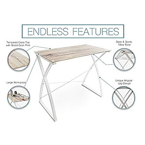 Stand Steady Joy Standing Desk | 43in Large Glass Desk | Modern Standing Desk with Tempered Glass Desktop & Wood Print | Tall Desk & Reception Table | Stand Up Desk for Home & Office (Wood Print)