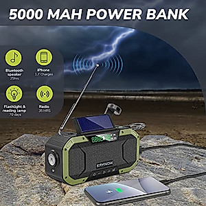 Portable Digital AM FM Radio Waterproof Bluetooth Speaker,Hand Crank Solar Emergency Radio,5000mAH Cell Phone Charger,NOAA Weather Radio with Flashlight,Reading Lamp,SOS Alarm,Outdoor Camping Radio