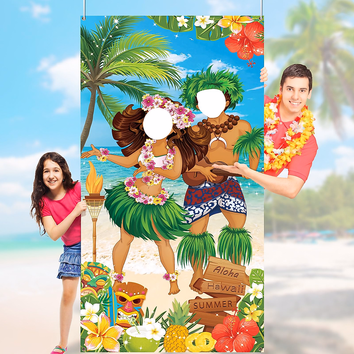 HiParty Hawaiian Luau Party Decorations Luau Couple Photo Door Banner Tiki Luau Photo Props for Beach Party Tiki Banner Background Photography for Tropical Themed Decoration