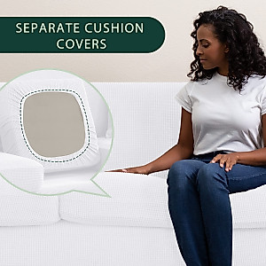 CHUN YI 3 Pieces Stretch Loveseat Sofa Cover for 2 Seater Couch, Washable Soft Sofa Slipcover with 2 Separate Seat Cushion Covers for Dogs, Checks Spandex Jacquard Fabric, Medium, White