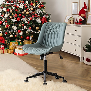 YOUNIKE Ergonomic Home Office Desk Chair Comfy Small Criss Cross Chair with Wheels Swivel Adjustable Modern Vanity Chair High Back Armless Cute Leather Upholstered Rolling Task Chair Greyish Green