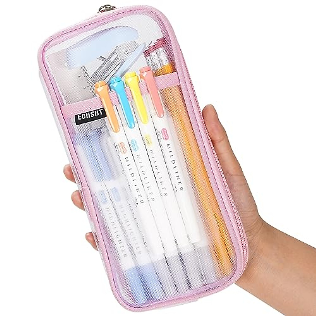 ECHSRT Mesh Pencil Case for Girls With Zipper, Grid Clear Pencil Pouch for Kids Students Teens Boys Adults, Small Transparent Pen Bag for School Office Travel, Pink