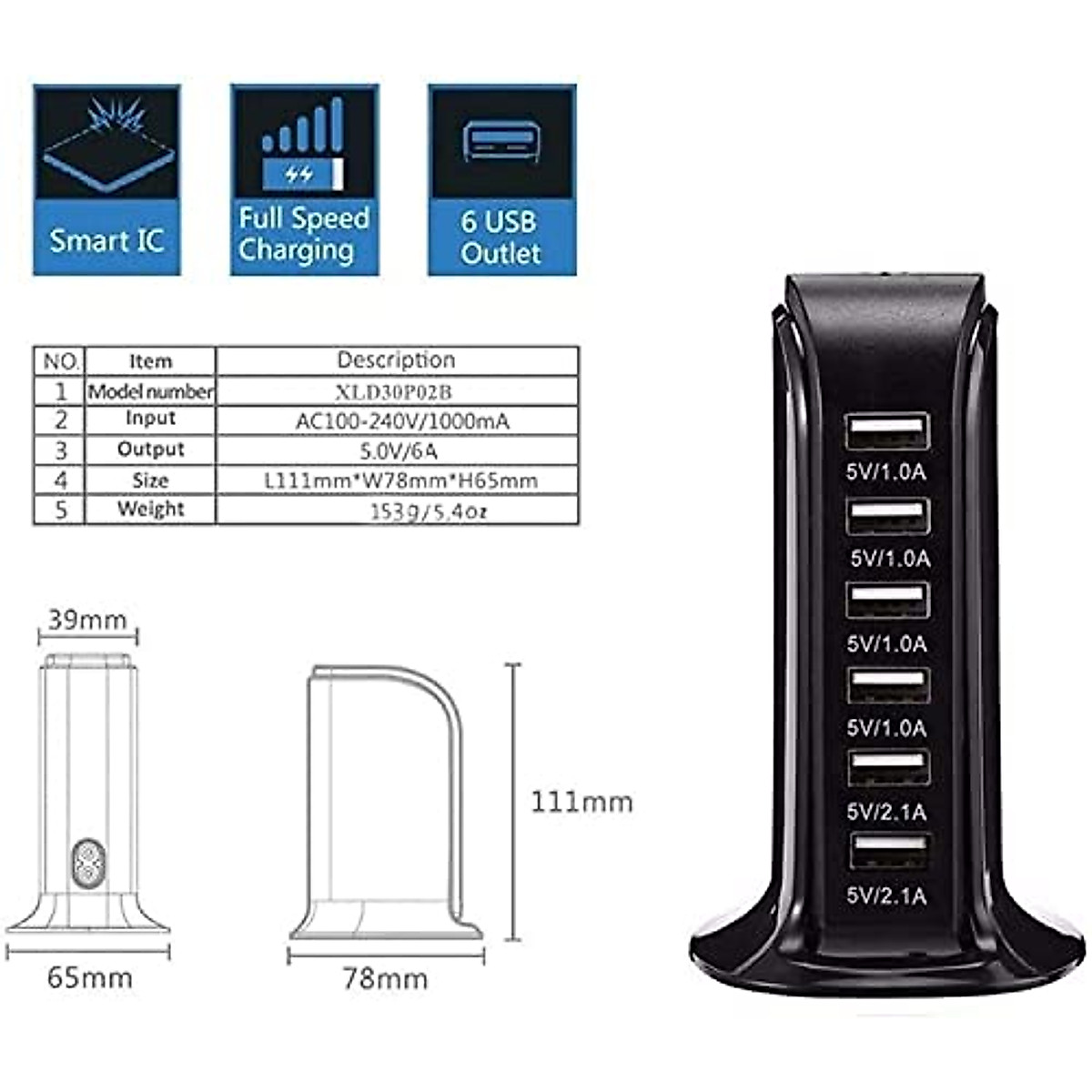 Charging Station for Multiple Devices, USB Charging Hub 30W 6 Port Fast Charging Station, Multiport Wall Charger Quick Charge 2.1A Tower Power Adapter