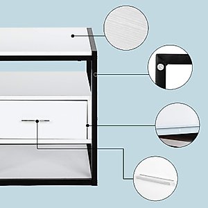Nightstand Set of 1 with Drawer Modern Square End Side Table for Storage, Open Shelf in Bedroom, Living Room, Small Space, Stable Metal Frame, White