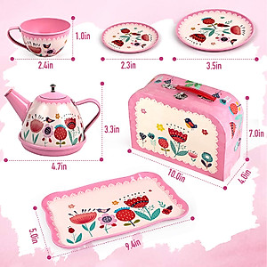 D-FantiX Kids Tea Set for Little Girls, 15Pcs Pink Tin Tea Party Set for Toddlers Afternoon Tea Time Playset with Metal Teapots Tea Cups Play Dishes Princess Toys Gifts with Carry Case