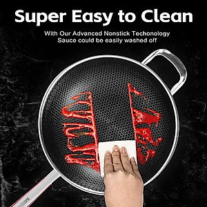 MEGOO 12.6 inch stainless steel nonstick wok pan with lid,stir fry honeycomb wok,cooking wok skillet,for gas cooktops,Induction,electric stove,dishwasher safe(PFA,PFOA Free)