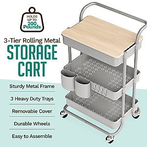 3 Tier Rolling Cart, with Table Top, Rolling Storage Cart with Handles and Locking Wheels, Utility Cart with 2 Small Baskets and 4 Hooks for Bathroom. Office, Balcony, Living Room (Grey)