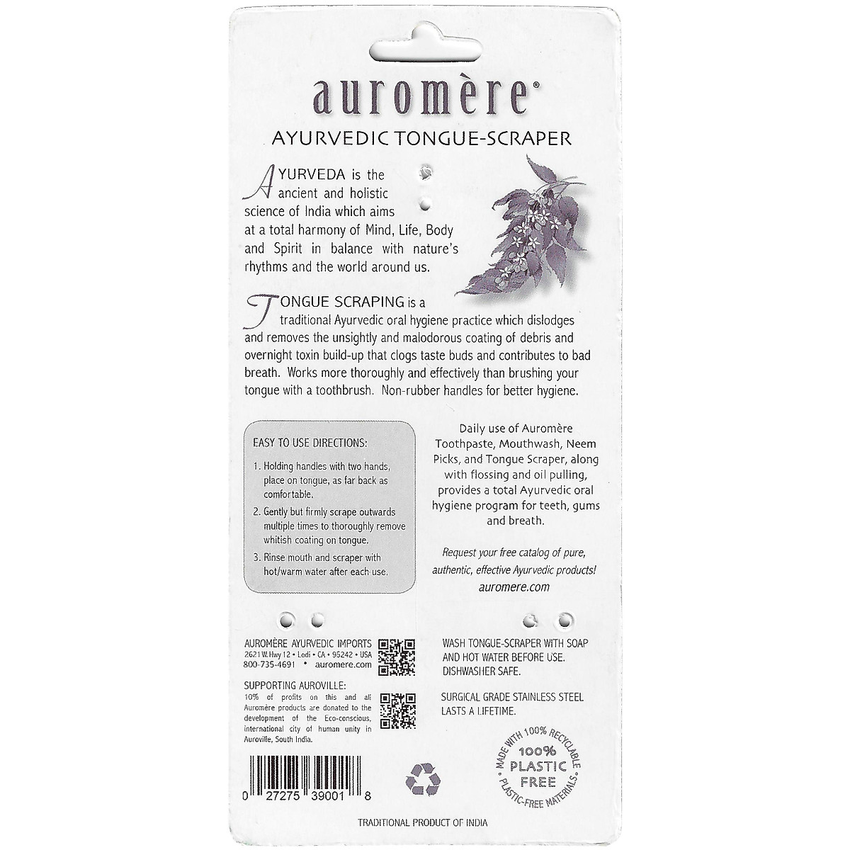 Auromere Tongue Cleaner, Ancient Oral Hygiene, Eco Friendly, Zero Waste, Stainless Steel, Eliminate Bad Breath (1 Pack)