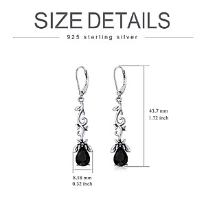 Black Earrings for Women 925 Sterling Silver Vintage Oxidized Branches Dangle Drop Leverback Earrings with Jet Black Crystal, Earrings Gifts for Women
