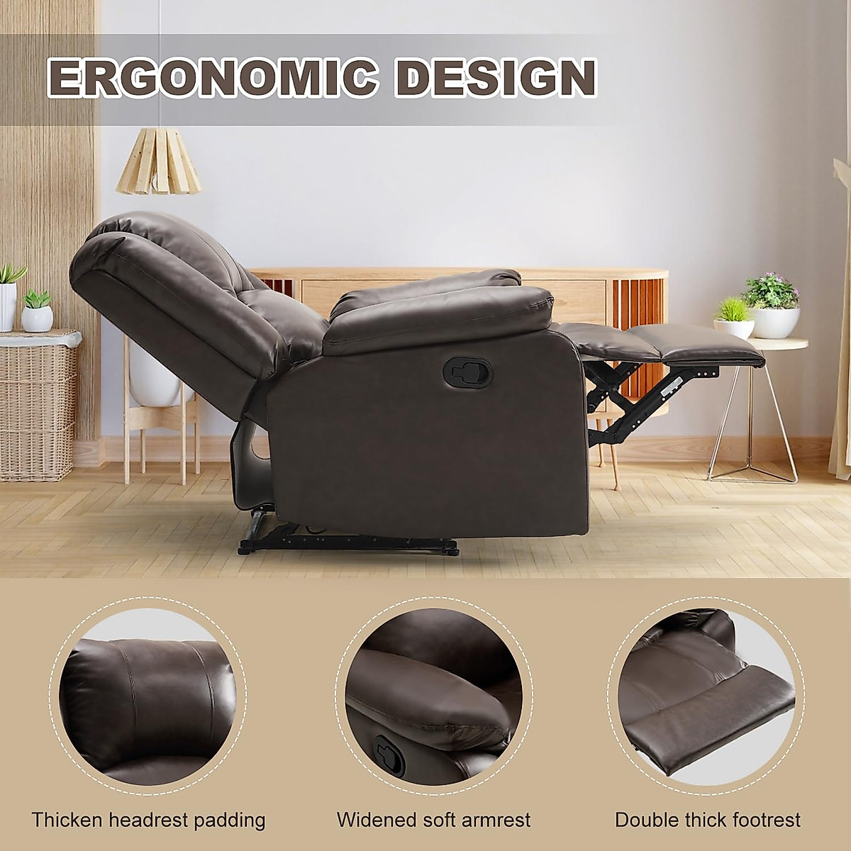 RISAR Oversized Rocker Recliner Chair, Ergonomic Nursery Manual Rocking Armchair Upholstered Thick backrest & Removable armrest Single Sofa Chair for Living Room (Dark Grey)