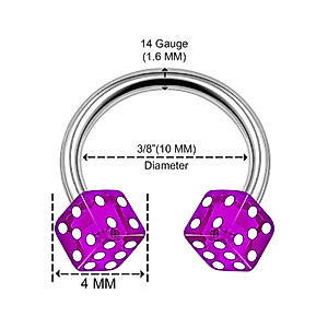 BanaVega 2PCS Surgical Steel Purple Horseshoe Hoop 14 Gauge 3/8 10mm 4mm Dice Acrylic Helix Rim Earrings Labret Piercing Jewelry 3206