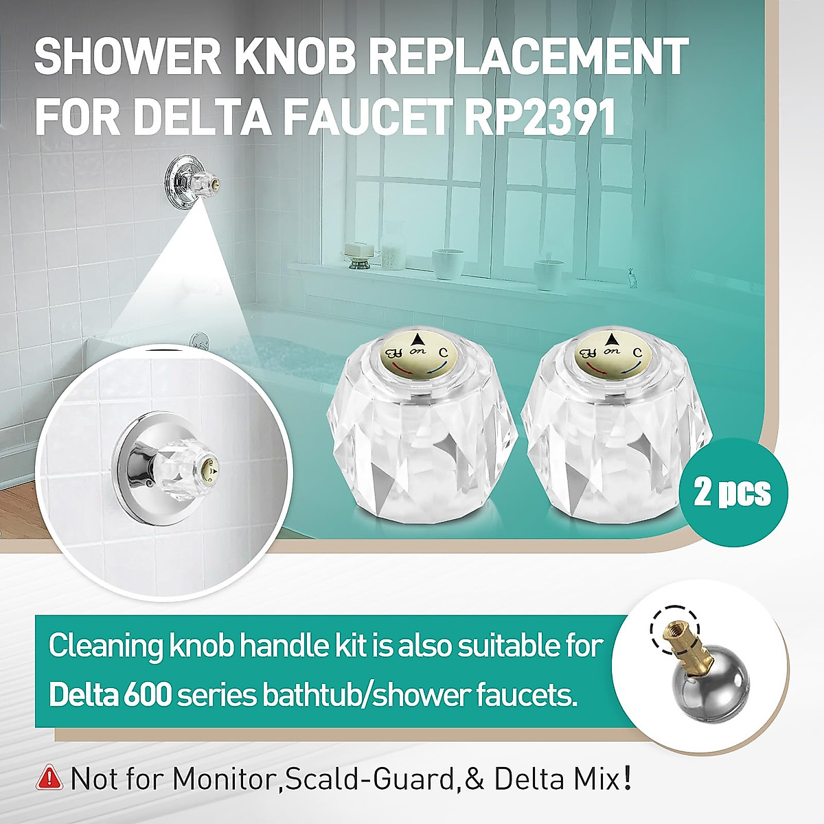 2Pcs Faucet Handle for Delta RP2391 - Single Clear Knob Handle Kit with Offset Hole for Shower/Tub, 2-1/2" x 2-1/8" Shower Knob Replacement for Delta Faucet RP2391 with Set Screw