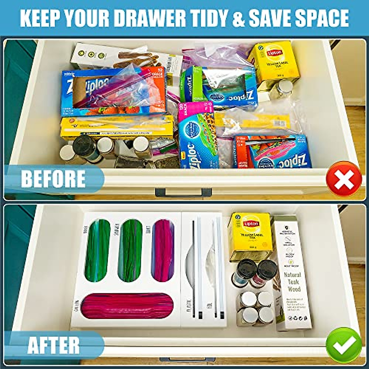 2 in 1 Ziplock Bag Storage and Tin Foil Organizer, Plastic Wrap Dispenser with Cutter for Kitchen Drawer, Bamboo Wood Food Organizer Gallon, Slider Quart, Sandwich Snack, White