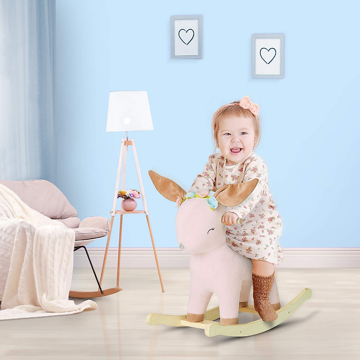 labebe Child Rocking Horse Toy, Stuffed Animal Rocker Toy, Wooden Rocker for Kids 12-36 Months, Baby Rocking Toy/Wooden Rocking Horse/Rocker/Animal Ride on/Reindeer Rocker (Girl)