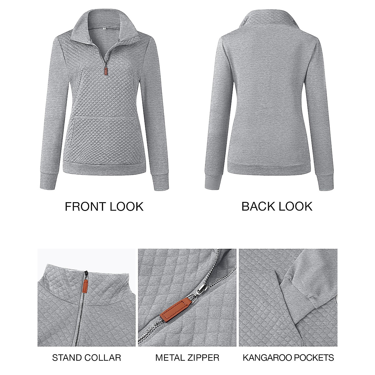 BTFBM Women Fashion Quilted Pattern Lightweight Zipper Long Sleeve Plain Casual Ladies Sweatshirts Pullovers Shirts Tops (Light Grey, Medium)