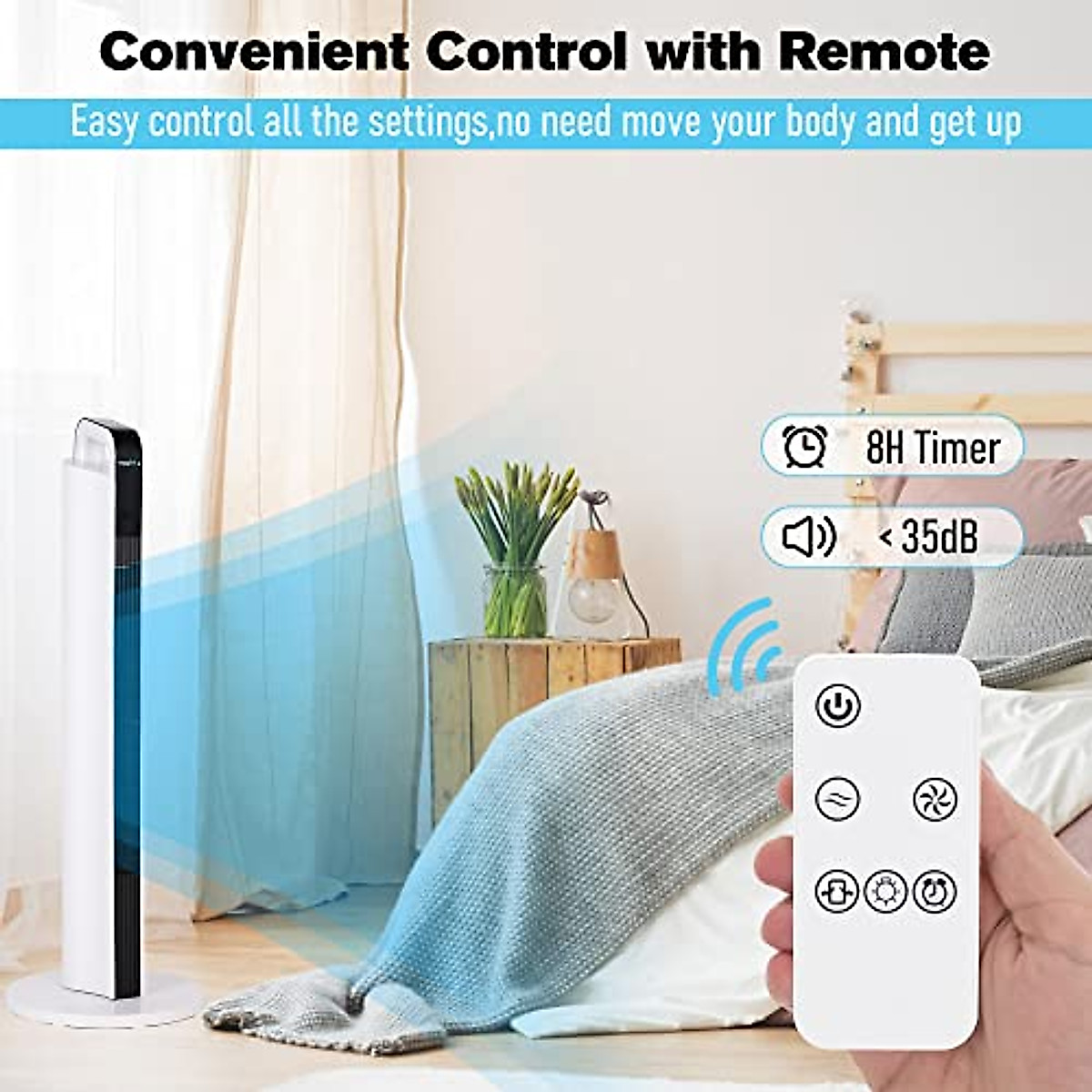 E-Macht Tower Fan 35 Inch Oscillating Fan, Bladeless Floor Fans with 3 Speeds, 3 Modes, 80° Oscillating, 8H Timer, Remote Control & LED Display Standing Fans for Home Room Office