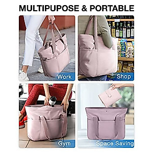 BAGSMART Tote Bag for Women, Foldable Tote Bag With Zipper Large Shoulder Bag Top Handle Handbag for Travel, Work (Pink)