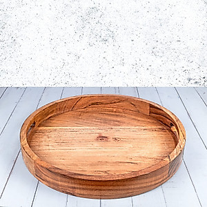 Round Serving Tray in Acacia Wood with Handles for Easy Handling, Beautiful Wooden Tray for Multiple uses (15" x 15" x 2")