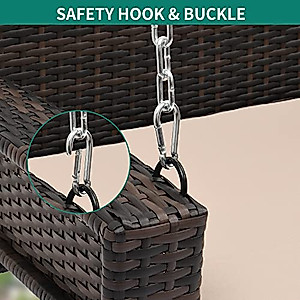 YITAHOME Wicker Hanging Porch Swing Chair Outdoor Brown Rattan Patio Swing Lounge w/ 2 Back Cushions Capacity 530lbs for Garden, Balcony, Living Room, Beige