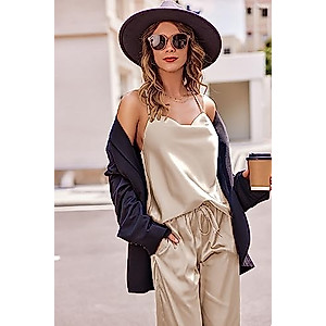 Ekouaer Pajamas for Women Silk Cowl Neck Cami Top Wide Leg Long Pants Set Satin Pjs Sleepwear 2 Piece Lounge Set Champagne,Large