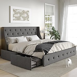 SHA CERLIN King Size Platform Bed Frame with 4 Storage Drawers and Wingback Headboard, Diamond Stitched Button Tufted Design, No Box Spring Needed, Light Grey