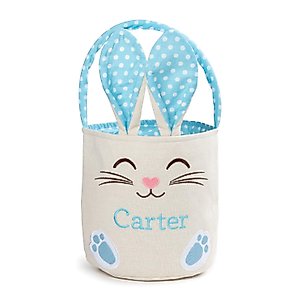 Personalized Bunny Ears Bucket Bag with Custom Name | Blue Polka Dot Liner Easter Bag with Handle | Soft Egg Basket for Kids | Customized Easter Basket | Great for Book and Toy Storage