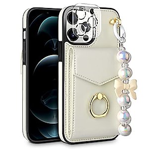 HianDier for iPhone 12 Pro MAX 6.7-inch Wallet Case with Bracelet Chain + Camera Lens Protector, with RFID Blocking Card Holder 360° Rotation Ring Stand Kickstand Protective PU Leather Cover, Beige