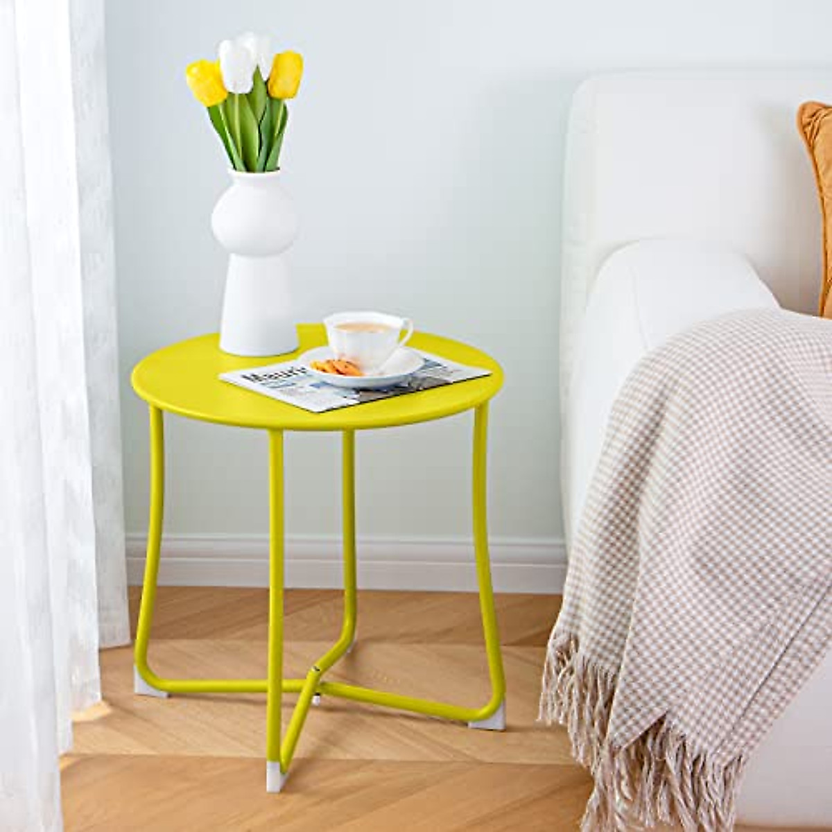 AMAGABELI GARDEN & HOME Metal Patio Side Table 18” x 18” Weather Resistant Anti-Rust Outdoor End Table Small Steel Round Coffee Table Porch Table Snack Table for Balcony Garden Yard Lawn, Yellow