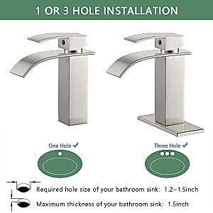 VOTON Waterfall Spout Single Handle Bathroom Faucet Brushed Nickel Commercial Modern Lavatory Tap with Pop-up Drain