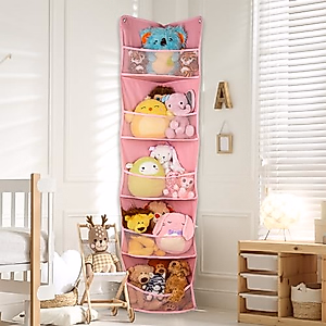 Lilly's Love Corner Stuffed Animal Toy Storage Hanging Organizer | 5 Expandable Mesh Net Pockets, Stores Loads of Plush Toys | Large Plushie Display for Boys, Girls | Pink