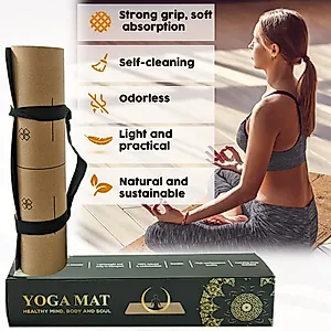 Natural Cork Yoga Mat 5.5mm thick Nonslip Hot Yoga Pilates with Carrying Strap and Lightweight - for hot Yoga and Outdoor or Indoor Yoga - brown chakra wheel design with alignment marks arc lines