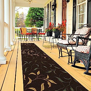 Machine Washable Leaves Design Non-Slip Rubberback 3x10 Traditional Runner Rug for Hallway, Kitchen, Bedroom, Living Room, 2'7" x 9'10", Brown