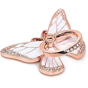 Butterfly Cell Phone Ring Holder, 360°Rotation Phone Ring Grip, Compatible with iPhone, Samsung Galaxy, LG Google Pixel, iPad, Rhinestones and Enamel (Rose Gold and White)