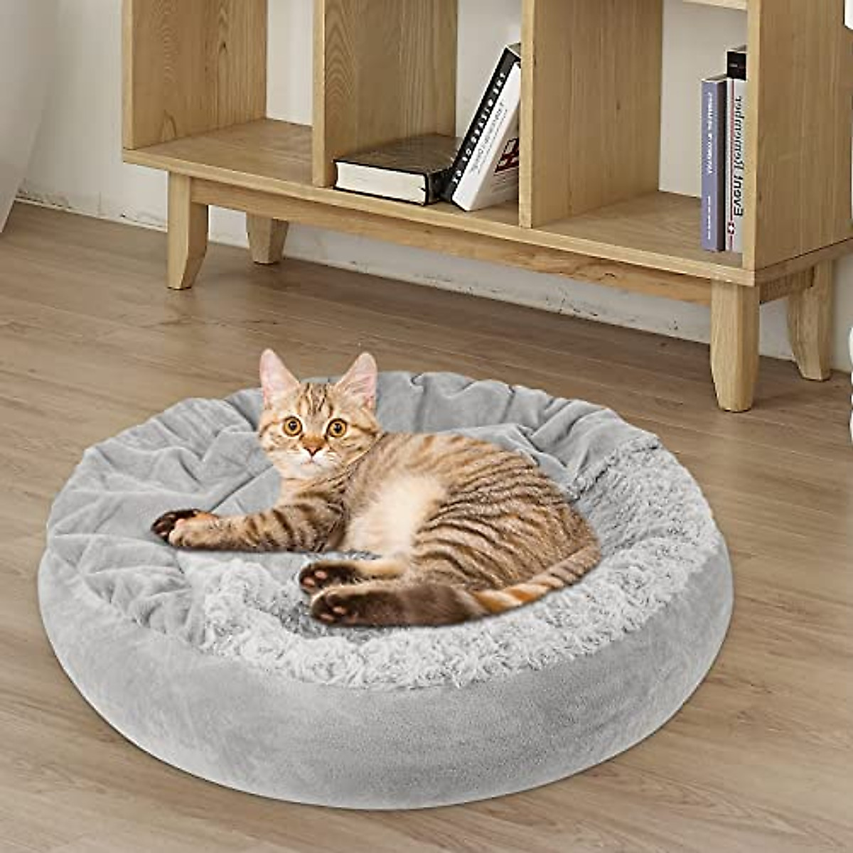 JOEJOY Small Dog Bed Cat Bed with Hooded Blanket, Cozy Cuddler Luxury Orthopedic Puppy Pet Bed, Donut Round Calming Anti-Anxiety Dog Burrow Cave Bed - Anti-Slip Bottom and Machine Washable 23 inch