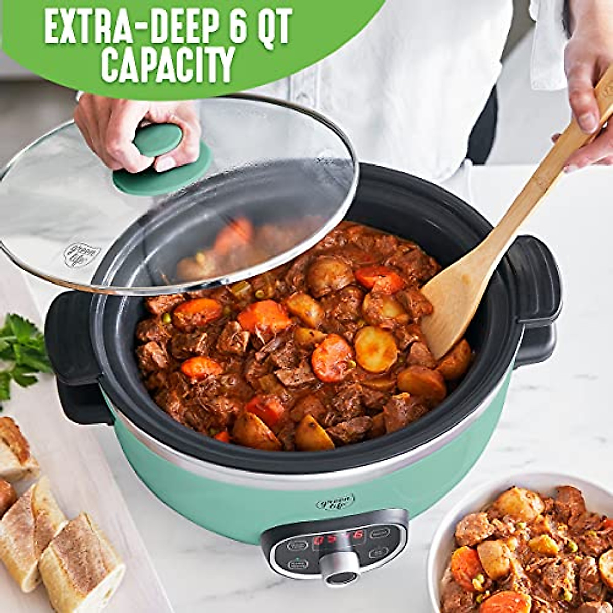 GreenLife Cook Duo Healthy Ceramic Nonstick 6QT Slow Cooker, PFAS-Free, Digital Timer, Dishwasher Safe Parts, Turquoise