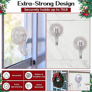 LITES-UP Christmas Wreath Hanger Heavy Duty Suction Cup Hooks for Holiday Decorations, Bath & Kitchen Accessories – Strong on Windows & Glass, Clear & Removable – Holds Up to 15 lbs – Set of 10
