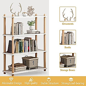 IOTXY 4-Tier Wooden Shelf Bookcase - Modern Open Bookshelf, Free Standing Storage Rack, Multifunctional Display Stand for Home and Office, White, Rectangle