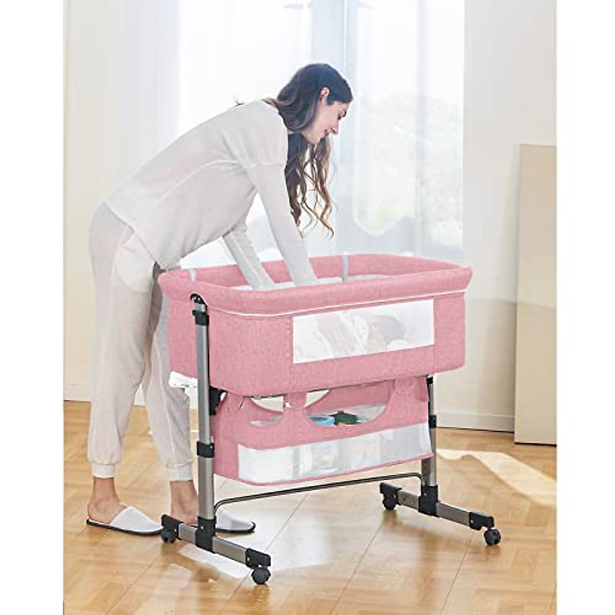 Ihoming Baby Bassinet Bedside Sleeper, Baby Bed Side Crib with Storage Basket, Easy Folding Bassinets, Adjustable Baby Bed for Infant Newborn, Pink