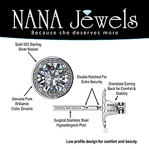 NANA Jewels Womens 925 Sterling Silver 7.5mm-3.00ct Rhodium Plated, Hypoallergenic Round Halo Stud Earring